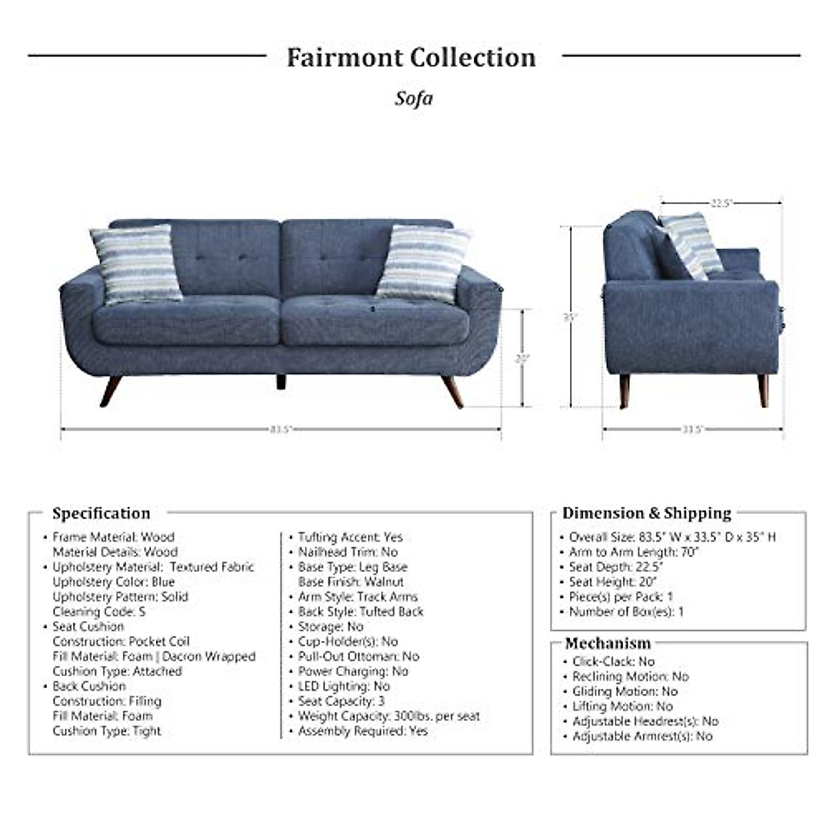 Lexicon Fairmont Living Room Sofa, Blue