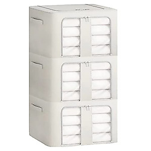 Elegeet 3Pack 66L Storage Bins with Metal Frame - Foldable Linen Fabric Storage Box With Handles And Transparent Window Closet Organizers And Storage(Grey