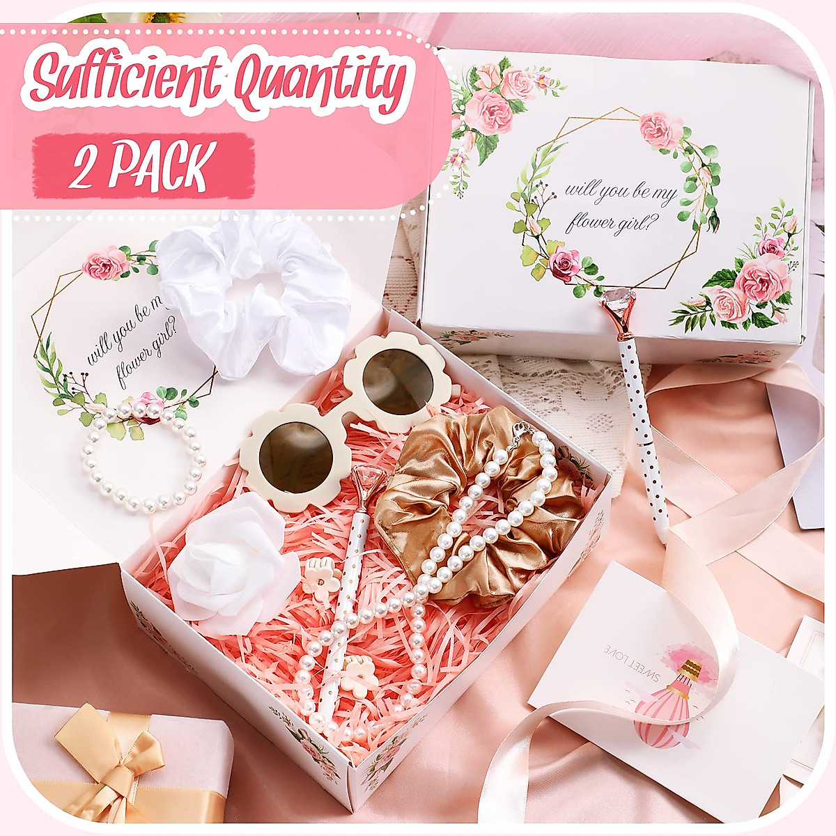Tigeen 32 Pcs Flower Girl Gifts Set Flower Girl Proposal Flower Girl Gift Box Will You Be My Flower Girl Round Glasses Necklace Pearl Bracelet Diamond Pen Hair Scrunchies Rose for Bride Wedding Party