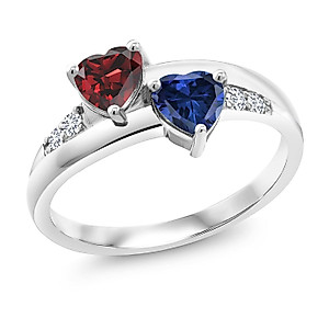 Gem Stone King 925 Sterling Silver Red Garnet and Blue Created Sapphire and Lab Grown Diamond Women Engagement Ring (1.24 Cttw. Heart Shape 5MM, Available in size 5, 6, 7, 8, 9)