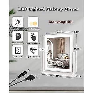GANAIHQGROWING Classic Vanity Mirror with Lights,13 in Tabletop Lighted Makeup Mirror LED Lights for Over Sink, Smart Touch Control, Stepless Dimmable 3 Colors Lighting Modes
