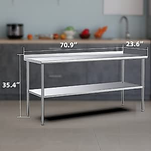 ROVSUN 72'' x 24'' Stainless Steel Table for Prep & Work,Commercial Worktables & Workstations,Heavy Dut Metal Table with Adjustable UnderShelf & Backsplash for Kitchen, Restaurant,Home,Hotel