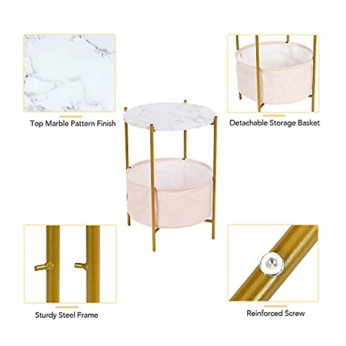 KSWIN Round Storage Side Table, 2-Tier End Table with Fabric Basket Gold Metal Frame, 16'' Faux Marble Top Nightstand Bedside Tables for Nursery Kids Living Room Bedroom, White