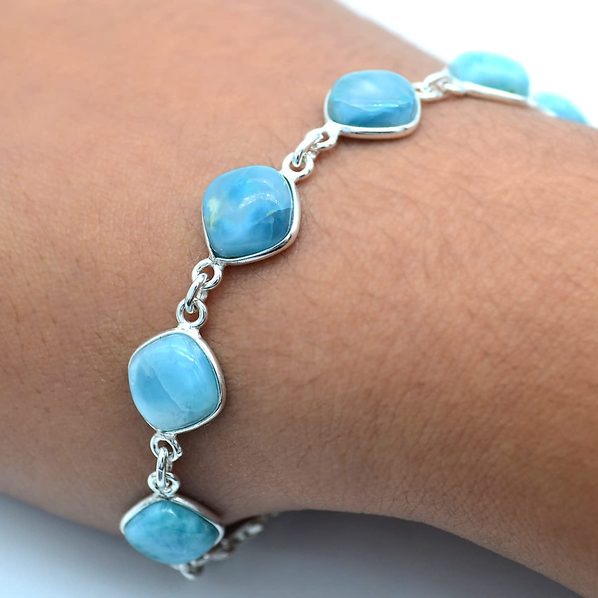 DESIGN HUB Blue Larimar Stone Bracelets 925 Silver Overlay For Women Girl Gifts - Gemstone Adjustable 7.50" Cushion Cabochon Link Bracelets Christmas Gifts For Her (Bracelet Style 3)