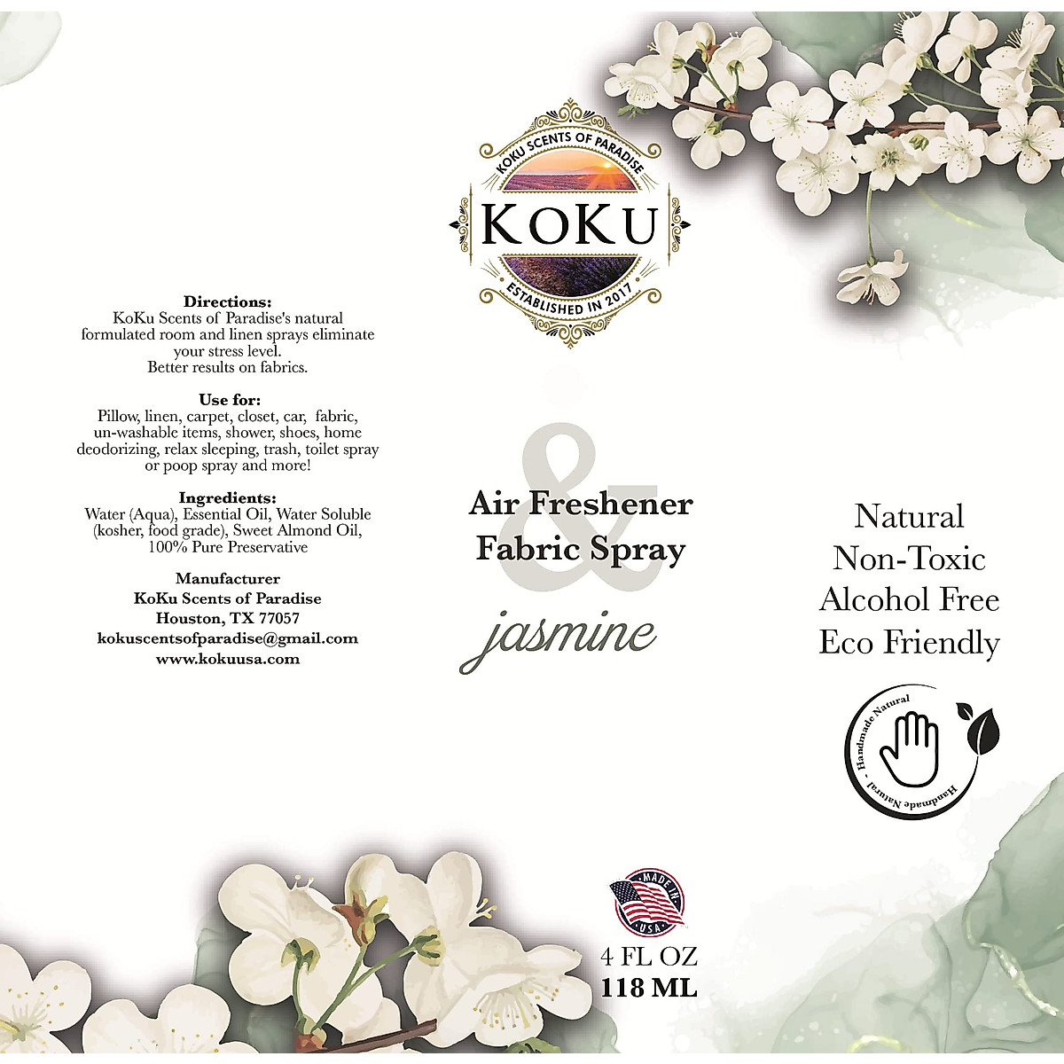 Jasmine Air Freshener - Room Spray - Odor Eliminator - Deodorizer - Car Air Freshener - Home Spray - Linen Spray - Fabric Refresher - Non-Toxic - Alcohol Free – 4 Oz