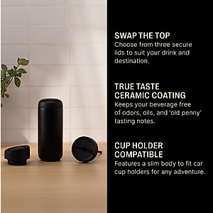 Fellow 16 oz Carter Bundle (3 in 1) Travel Mug with Slide-Lock, Move & Cold Lids with Straw - To-Go Coffee Tumbler, Ceramic Interior & Vacuum-Insulated Stainless Steel - Coffee Cups-Matte Black
