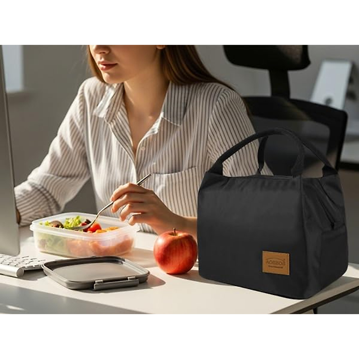 Aosbos Black Lunch Bag Women Teens Insulated Lunch Box Men Adult Lunchbox Lunch Tote Reusable Meal Prep Container Bag Bento Box Cooler Bag for Work Office Picnic Loncheras Para Hombres Mujer