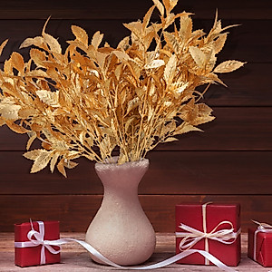 3 Packs Gold Leaves Artificial Plants for Christmas Decoration, Plastic Grass Fake Shrubs Simulation Leaves Golden Flowers Home Indoor Outdoor DIY Planter Vase Filler Garden Wedding Xmas Decoration