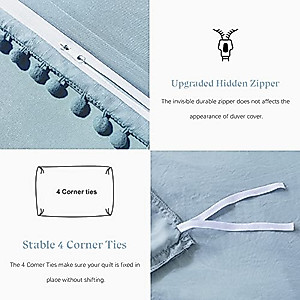 Newspin Duvet Cover King Size Pom Pom Fringe Blue,3Pcs Soft Breathable 100% Washed Microfiber Boho Bedding Duvet Cover Set with Zipper Closure,1 Duvet Cover(104"X90") and 2 Pillow Shams(No Comforter)