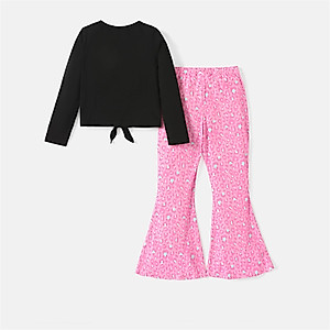 L.O.L. Surprise! Girls 2 Piece Outfits Tie Knot Long Sleeve Tee Top and Heart Pink Bell Bottom Flared Pants Set Black 8-9 Years