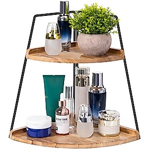 Giftacity Corner Bathroom Counter Organizer - 2-Tier Wood Countertop Vanity Shelf for Bathroom Cosmetic Storage and Decor, Kitchen Corner Counter Standing Rack Coffee Organization