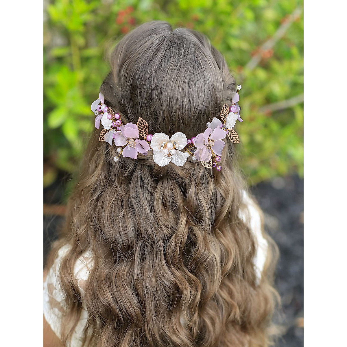 Campsis LED Flower Girl Headpiece Glowing Pearl Princess Light up Headband for Wedding Leaf Floral Crystals Frist Communion Hair Accessories Prom Birthday for Girls (Gold)