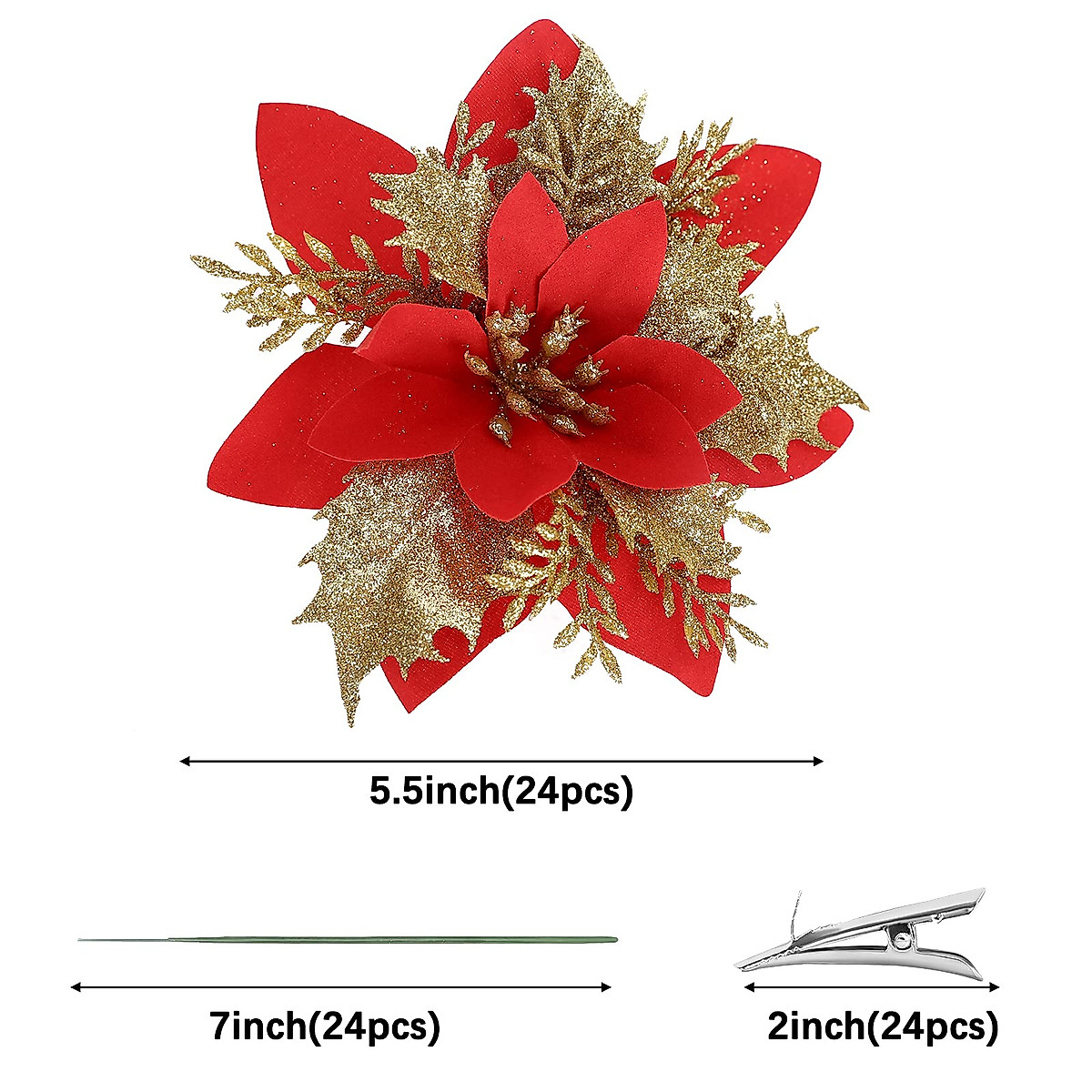 N&T NIETING 24Pcs Poinsettias Artificial Christmas Flowers, 5 inch Glitter Christmas Flowers Artificial for Decoration, Xmas Fake Flowers, Red and Gold