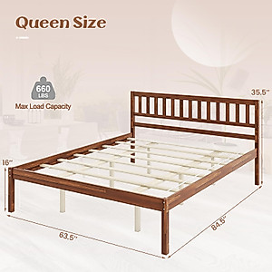 KOMFOTT Queen Size Wood Platform Bed Frame with Headboard, 16-Inch Mid-Century Wooden Bed Frame with Slats Support & 12” Under Bed Storage Space, Retro Mattress Foundation, No Box Spring Needed