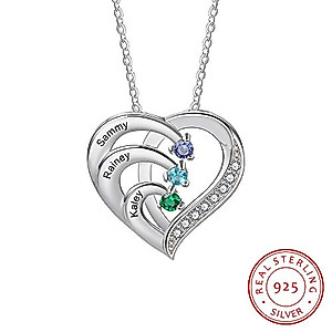 Personalized Engraved Mothers Necklace with 3 birthstones Family Jewelry Sterling Silver Custom Name Necklace Gift for her Sister Grandma Wife (Sterling-Silver)