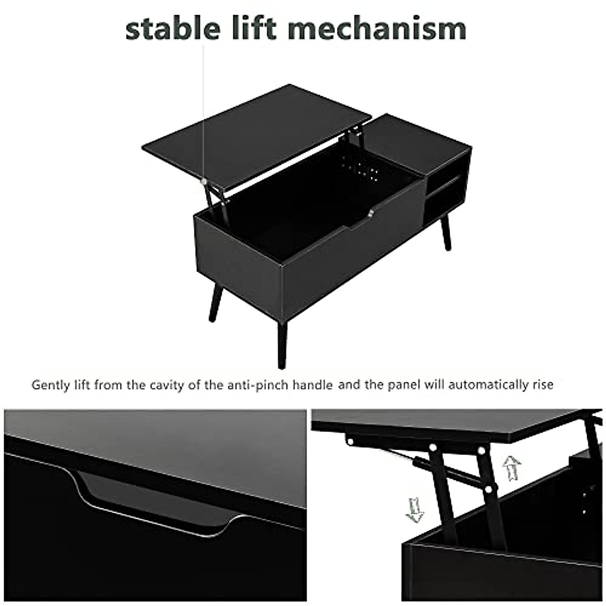 CLIKUUTORY Modern Black Lift Top Coffee Table with Hidden Compartment and Adjustable Storage Shelf, Mid Century Rustic Dining Table with Wood Legs for Home, Living Room, Office