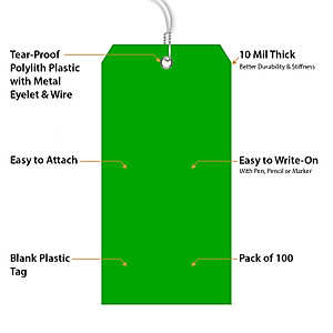 SmartSign (Pack of 100) Green Plastic Tags with Wires, 6.25 x 3.125 inch, Metal Eyelet, 10 mil Tear-Proof Polylith Plastic, Writable