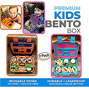 Bento Lunch Box for Kids Toddlers Boys Girls, 5 Portion Sections Secure Lid, Microwave Safe BPA Free Removable Tray, Pre-School Kid Daycare Lunches Snack Container, Unicorn Dinosaur 2 pack