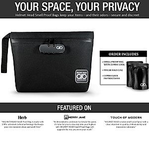 HELMET HEAD Smell Proof Bag with Combination Lock, Durable Water Repellent Odorless Stash Bag Comes With Mylar Bags and Inside Pouches For Your Herbs and Smelly Accessories (Black)
