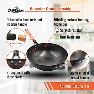 ChefSeason Carbon Steel Wok - 13.4" Flat Bottom Wok for Stir-Frying - Large Uncoated Pre-Seasoned Chinese Wok - fits Electric, Induction, and Gas Cooktops - Free Shopping Bag