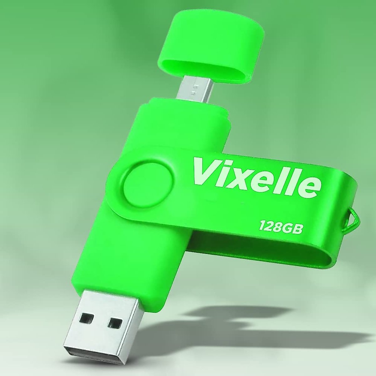 Vixelle 128GB High Speed USB 3.0 Type-C Flash Drive with Lanyard – 2in1 Dual USB C Memory Stick - 360° Swivel Pen Drive with Keychain Loop – 128GB USB Stick for Smartphone, Tablet & Computer - Green