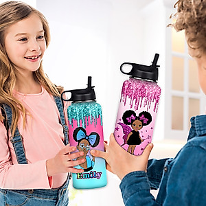 Caisuedawn Personalized Girls Water Bottle Print 18oz/32oz Custom Name Stainless Steel for Kid Sport Water Bottle with Straw Insulated Handle Waterbottle Gift for Teen School Sports Travel