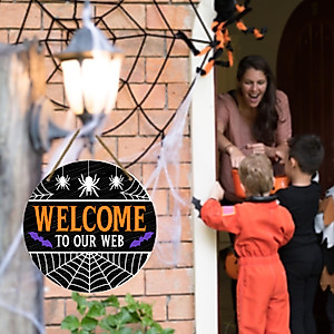 Halloween Hanging Door Wall Decor Wooden Plaque, Welcome To Our Web Sign, Spider Web Pattern, 8 Inch Round Halloween House Decor Hanging Sign, Outdoor Halloween Theme Party Decor Supplies -04