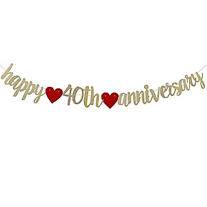 Happy 40TH Anniversary Banner Sign Gold Paper Glitter Party Decorations for 40TH Wedding Anniversary Party Supplies Letters Gold Pre-Strung
