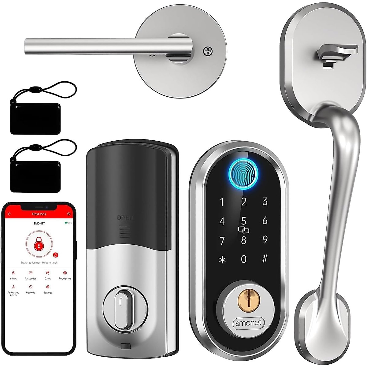 Keyless Entry Door Lock Handle: SMONET Smart Front Door Lock Set Alexa Deadbolt Locks Front Door Handle Bluetooth Electronic Digital Keypad Lock with APP Voice Control Keyfob Auto Lock for Home