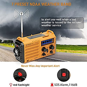 Emergency Radio with NOAA Weather Alert, Portable Solar Hand Crank AM FM Shortwave Radio for Survival,Rechargeable Battery Powered Radio,USB Charger,Flashlight,Reading Lamp,SOS Alarms for Home Outdoor
