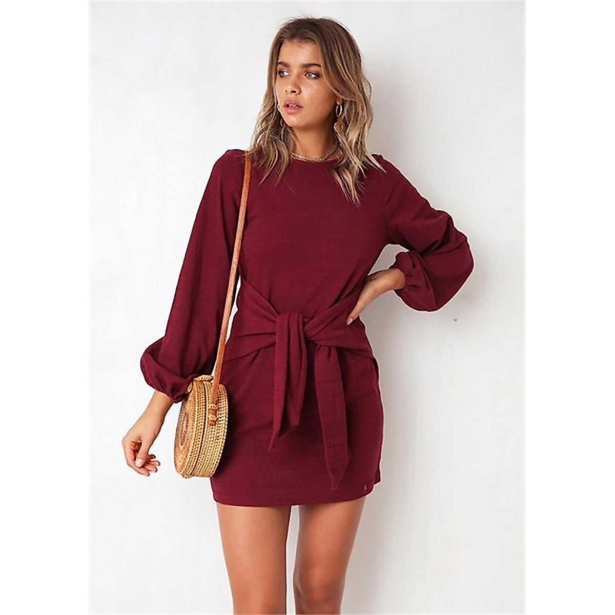 PRETTYGARDEN Women's Elegant Long Lantern Sleeve Short Dress Crewneck Tie Waist Knit Cocktail Dress (Wine Red,Small)