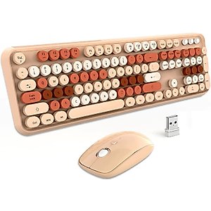 Brown Wireless Keyboard Mouse Combo, 2.4GHz Wireless Typewriter Keyboard with 104 Round Keys,Letton Wireless Retro Full Size Colorful Keyboard and Cute Mouse with 3 DPI for PC Laptop Desktop