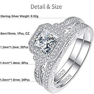 Yaresul 0.8ct Princess Cut Engagement Ring Sets 6X6mm White AAA Solitaire Cubic Zirconia Engagement Ring Set 925 Sterling Silver Wedding Ring Set for Women Size 6.5