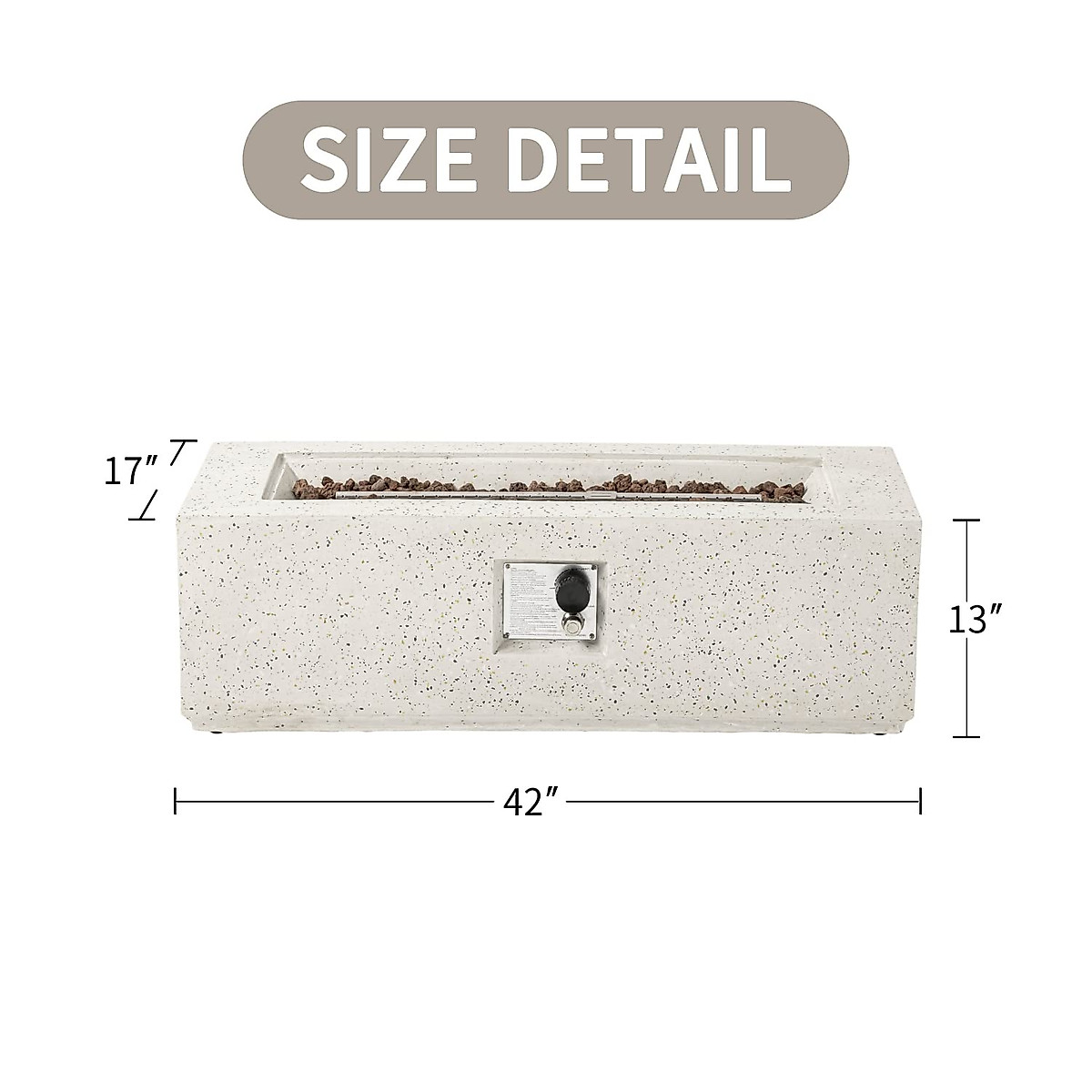 SUNBURY Outdoor 42 Inch Propane Fire Pit Table, Rectangular Fire Table, 40,000 BTU Spotted White Patio Gas Fire Table w Lava Rocks, Waterproof Cover