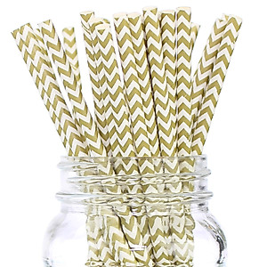 CleverDelights Gold Chevron Paper Straws - 100 Straws - Biodegradable Paper Straws