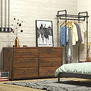 IKENO 6 Drawer Double Dresser, Industrial Wood Dresser for Bedroom, Storage Cabinet with Sturdy Steel Frame