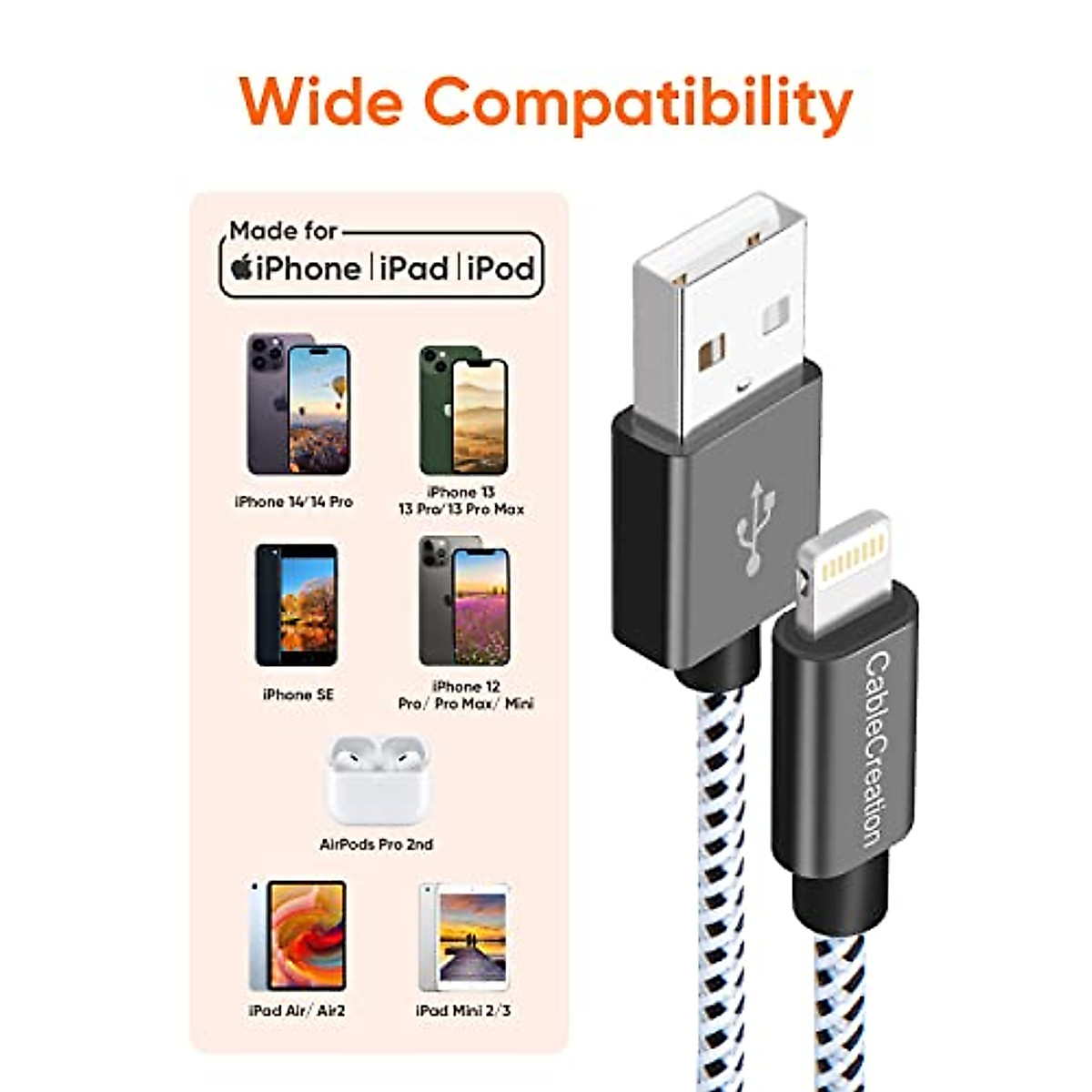CableCreation 0.5 Feet Short iPhone Charger Cable, [MFi Certified] Lightning to USB Data Sync Cord, Compatible with iPhone 14/14 Pro, AirPods Pro, iPhone 13/13 Pro/12, iPad Pro, Air, 0.15M Black&White