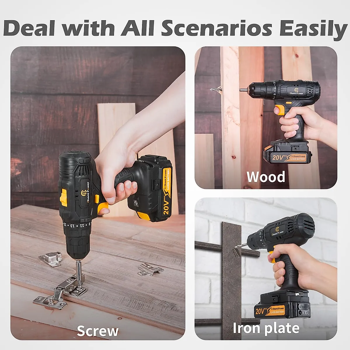 C P CHANTPOWER Rechargeable Drills, 20V Electric Power Cordless Drill with Battery and Charger, 16+1 Torque Setting, Variable Speed, Max 1350 RPM, 3/8" Keyless Chuck, LED Light for Drilling Wood,Metal
