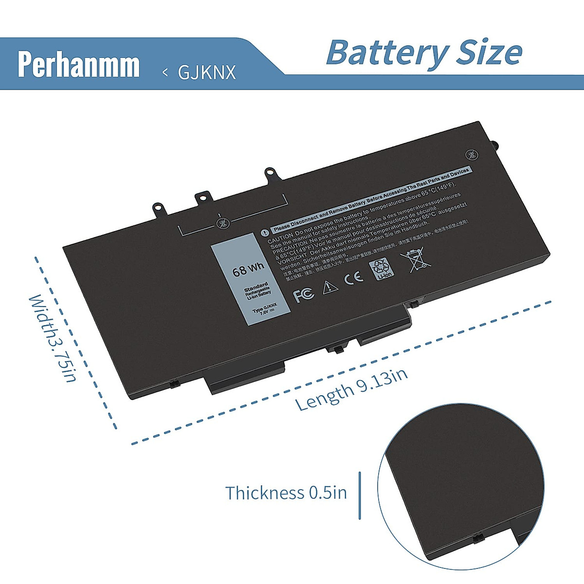 68Wh GJKNX 7.6V Laptop Battery for Dell Latitude 5480 5580 5280 5490 5590 5491 5288 5488 5495 5591 E5480 E5580 E5490 E5590 E5591 Precision 15 3520 3530 GD1JP 5YHR4 451-BBZG DY9NT 0DY9NT 0GD1JP 4-Cell