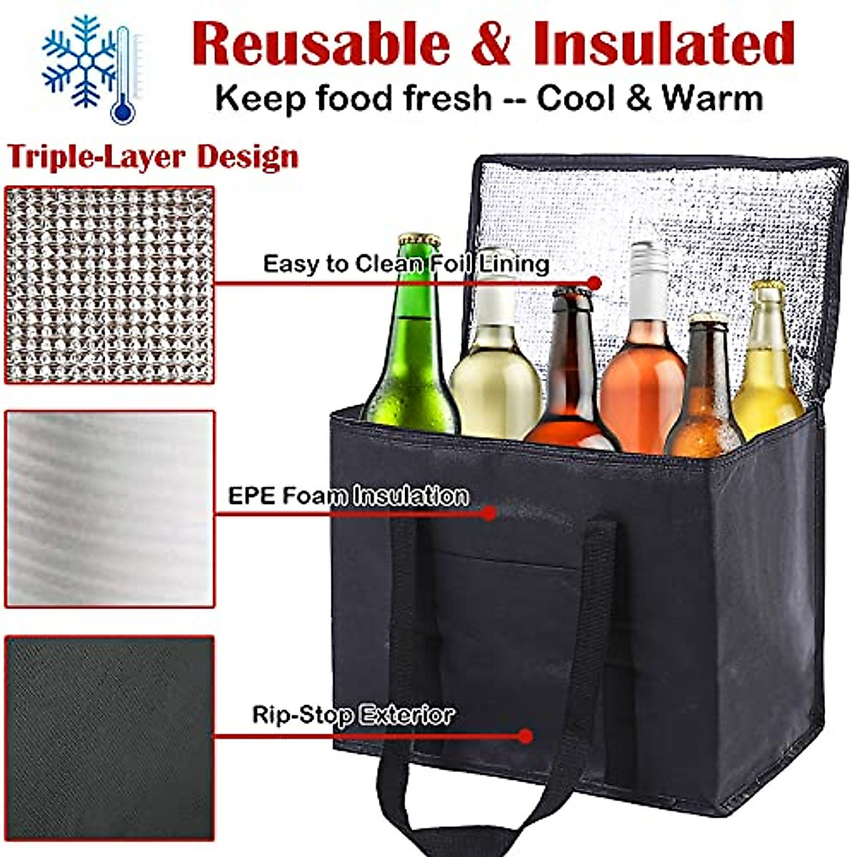 WOILIFE 4 Pack Insulated Grocery Bag, Reusable Shopping Bags for Groceries Heavy Duty, X-Large Insulated Cooler Bag for Food Delivery Collapsible with Strong Handle& Zipper