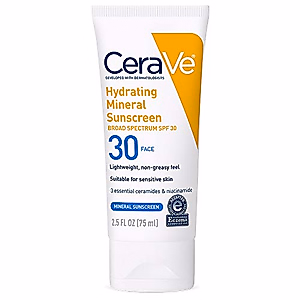 CeraVe 100% Mineral Sunscreen SPF 30 | Face Sunscreen with Zinc Oxide & Titanium Dioxide for Sensitive Skin | With Hyaluronic Acid, Niacinamide, and Ceramides | 2.5 oz