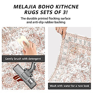 MELAJIA Boho Kitchen Rugs Sets of 3 Non Slip Washable Pink Durability Laundry Room Mat for Washer and Dryer Easy to Wipe Low-Profile Runner Rug for Hallway Entryway Bathroom