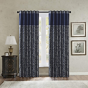 Madison Park Aubrey Bedding and Curtain Set - 12 Piece King Size Navy Blue Paisley Design