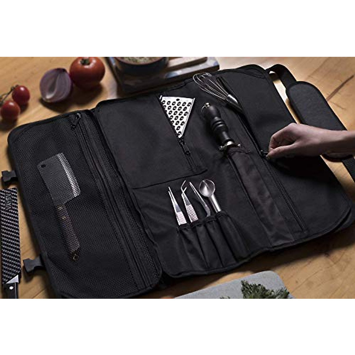 Asaya Chef Knife Roll Bag - 20 Total Pockets for Knives and Kitchen Utensils - Made with Stain Resistant Waxed Nylon - For Chefs and Culinary Students - Knives Not Included(Black)