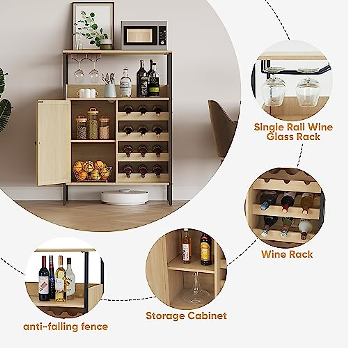 Yechen Wine Bar Cabinet with Storage for Liquor and Glasses, FreeStanding Wood Coffee Bar Cabinet with Wine Rack, Metal Sideboard Buffet Cabinet