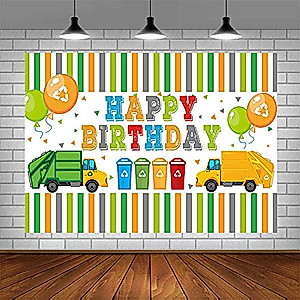 ABLIN 7x5ft Garbage Truck Boys Happy Birthday Backdrop Waste Management Colorful Stripe Green Yellow Rubbish Truck Trash Can Background Party Decorations Cake Table Banner Props, Clear