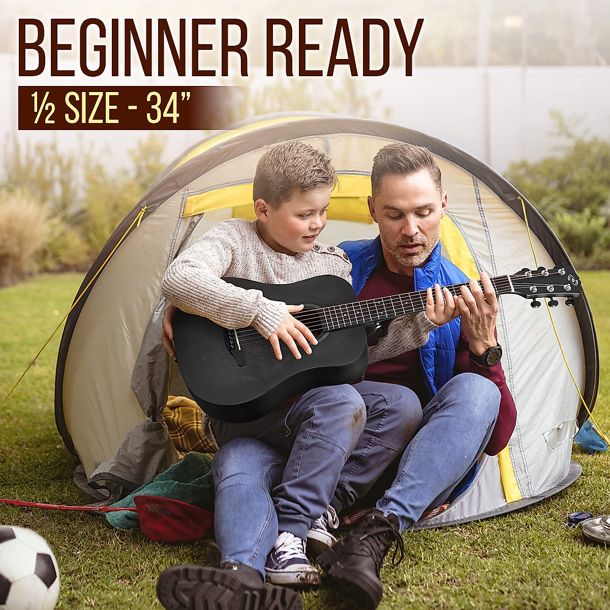 Pyle Acoustic Guitar Kit, 1/2 Junior Size All Wood Steel String Instrument for Beginner Kids, Adults, 34" Black Matte