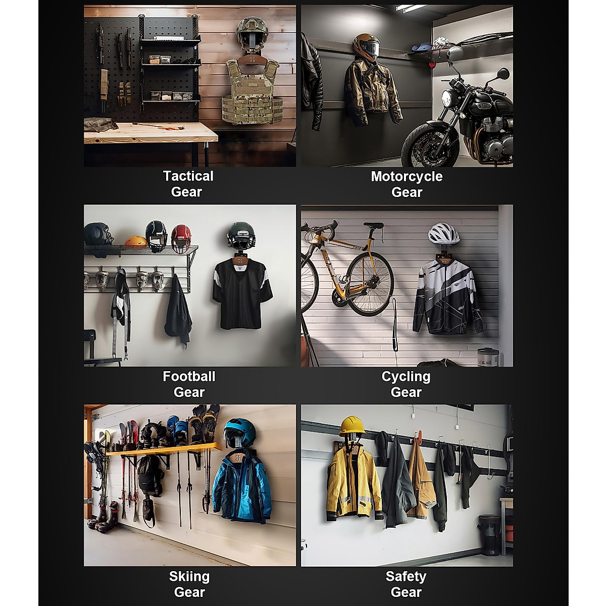 OneTigris Motorcycle Helmet Holder Wall Mount, Tactical Gear Holder with Helmet Stand and Plate Carrier Hanger, Solid Wood Wall Rack Organizer & Display for Police, Football, Cycling Gear