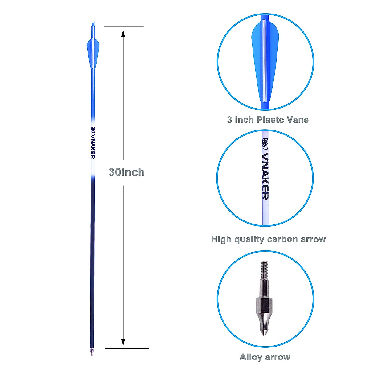 VNAKER Archery 30Inch Carbon Arrow for Compound & Recurve Bow Hunting, 12 Pcs Arrow (Blue)