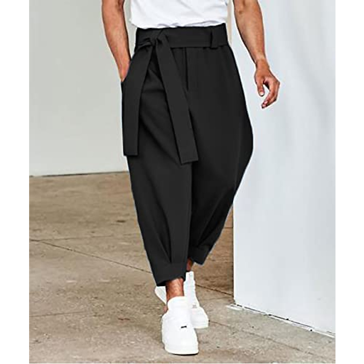 SOMTHRON Men's Harem Cropped Pants Elastic Waist Belted Baggy Bow Tie Beach Yoga Ankle Length Trousers BL-L Black